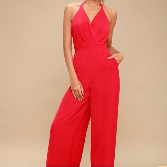 Lulus | Pants & Jumpsuits | Elegant Red Halter Jumpsuit | Poshmark